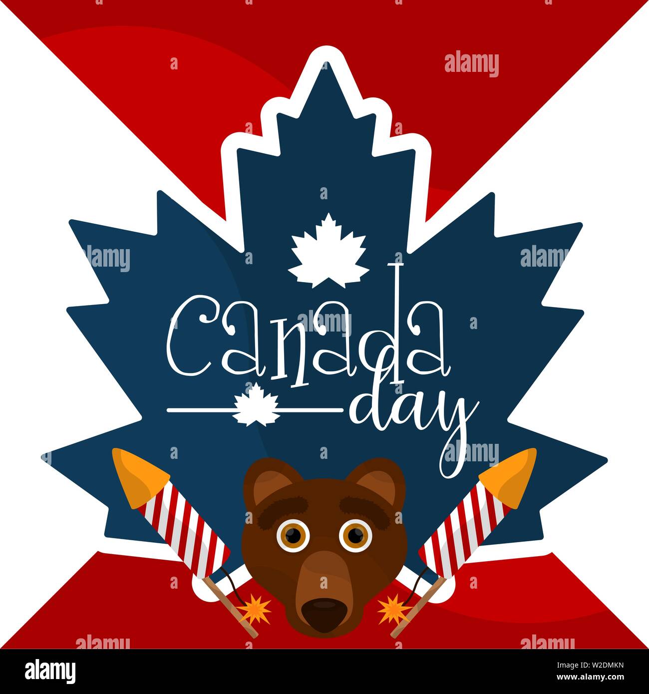 Canada day maple leaf label with a bear avatar and firework rockets ...