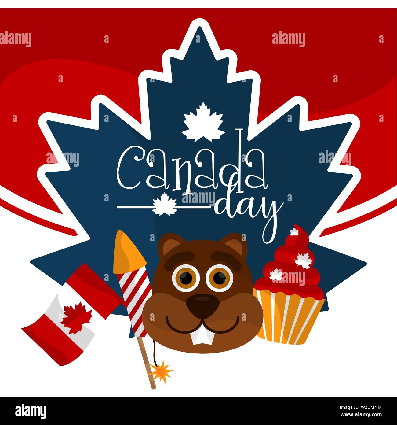 Canada day maple leaf label with a beaver avatar, a flag, a firework ...