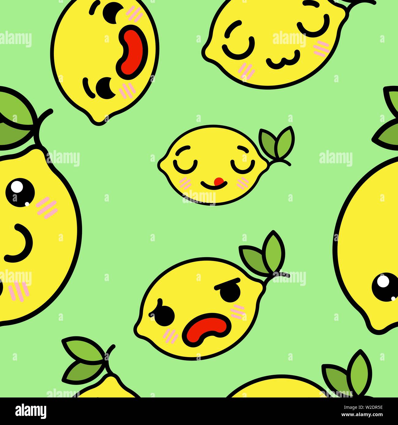Seamless pattern with cute kawaii emoji lemons vector cartoon ...