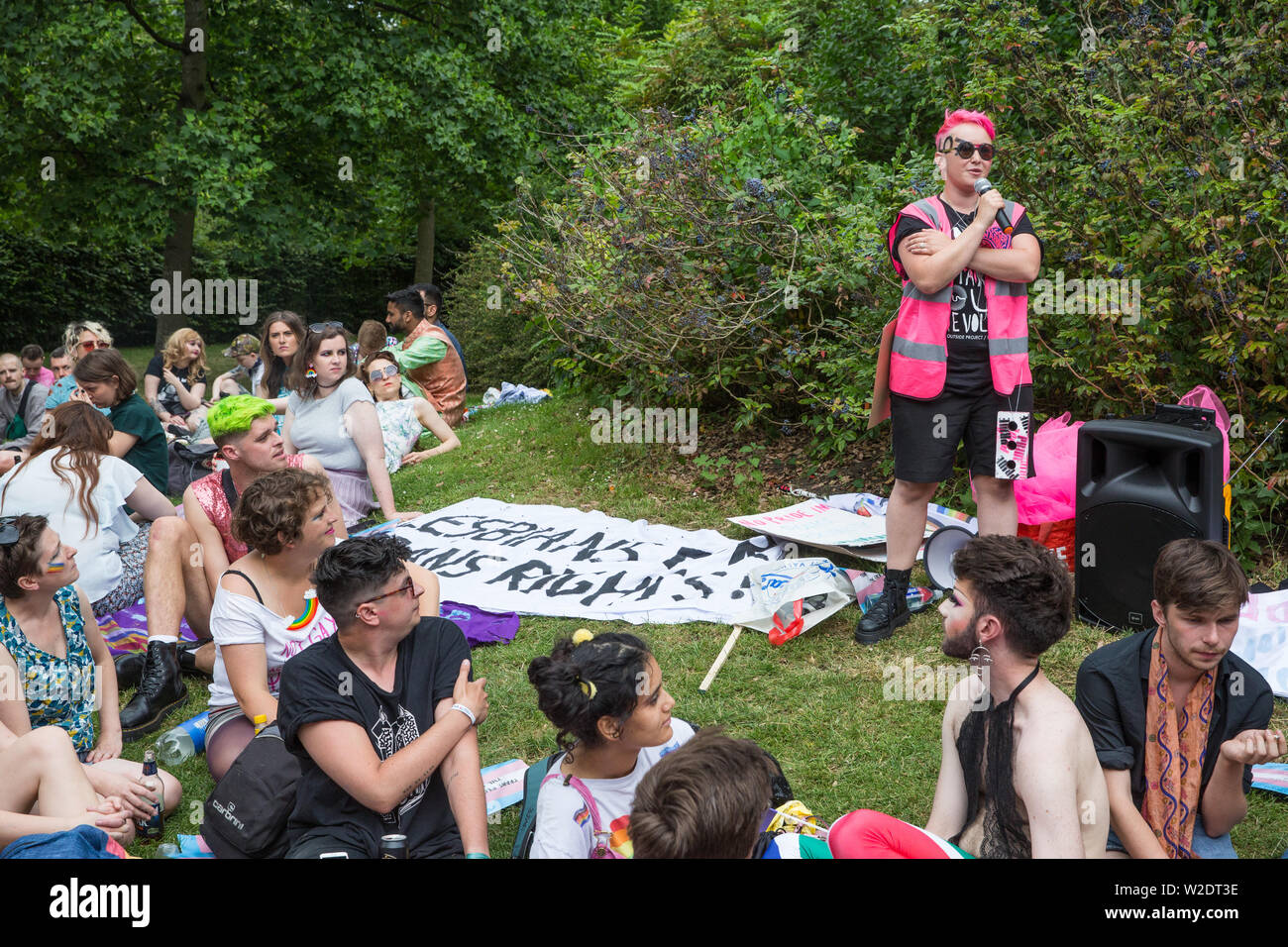London, UK. 6 July, 2019. A speaker from the Outside Project, the UK's ...