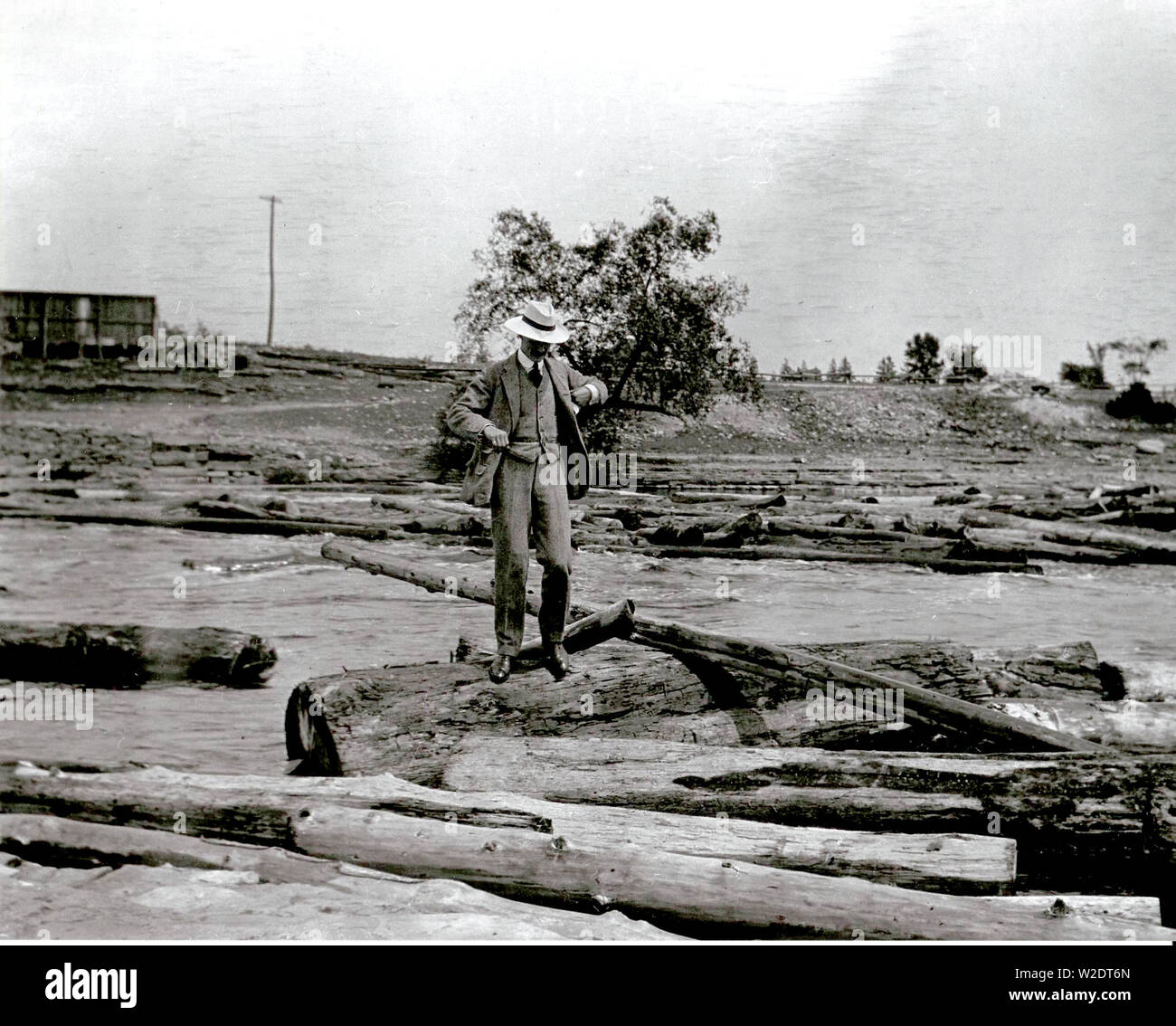 Man standing on floating logs in the Moira River, Ontario. Photograph ...