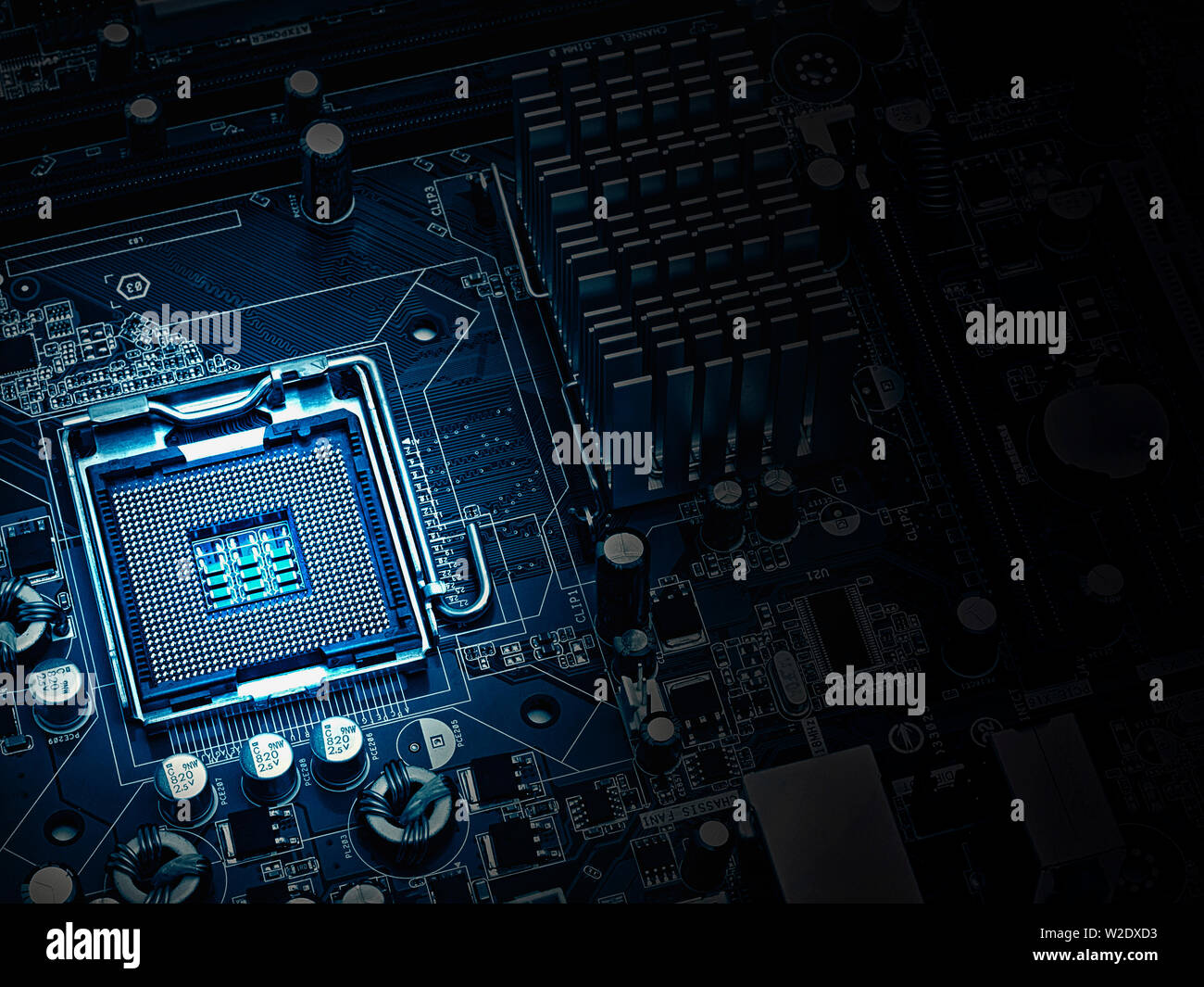image of the motherboard without a PC processor closeup, Blue tone and ...