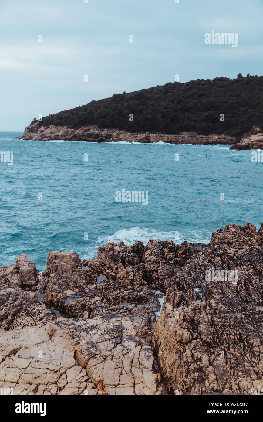 landscape view windy weather sea waves splashes. background Stock Photo ...