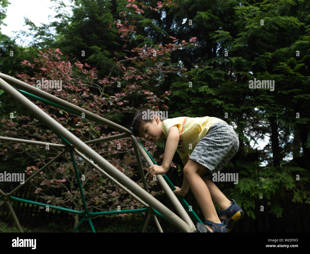 boy climbing play structure in suburbs Stock Photo - Alamy