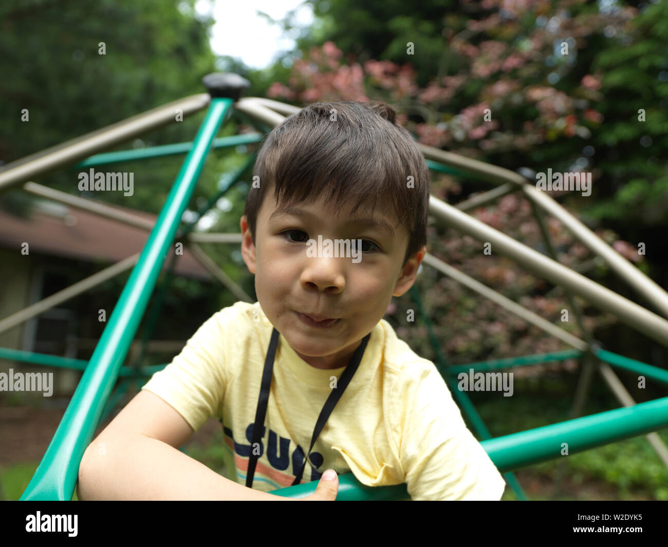 portrait of boy in play structure making funny face Stock Photo - Alamy
