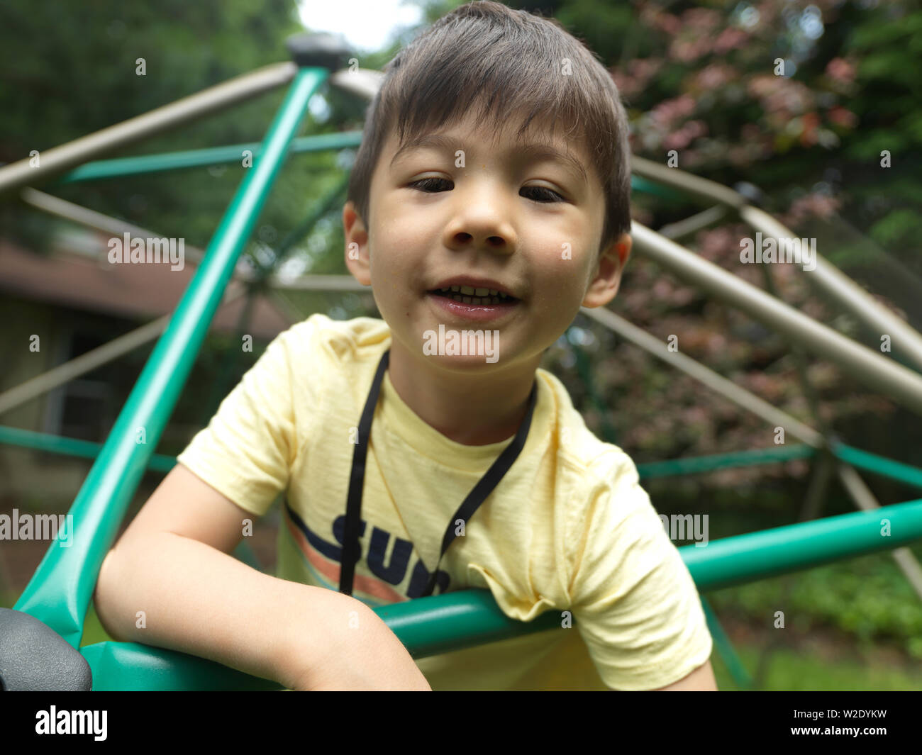 portrait of boy in play structure making funny face Stock Photo - Alamy