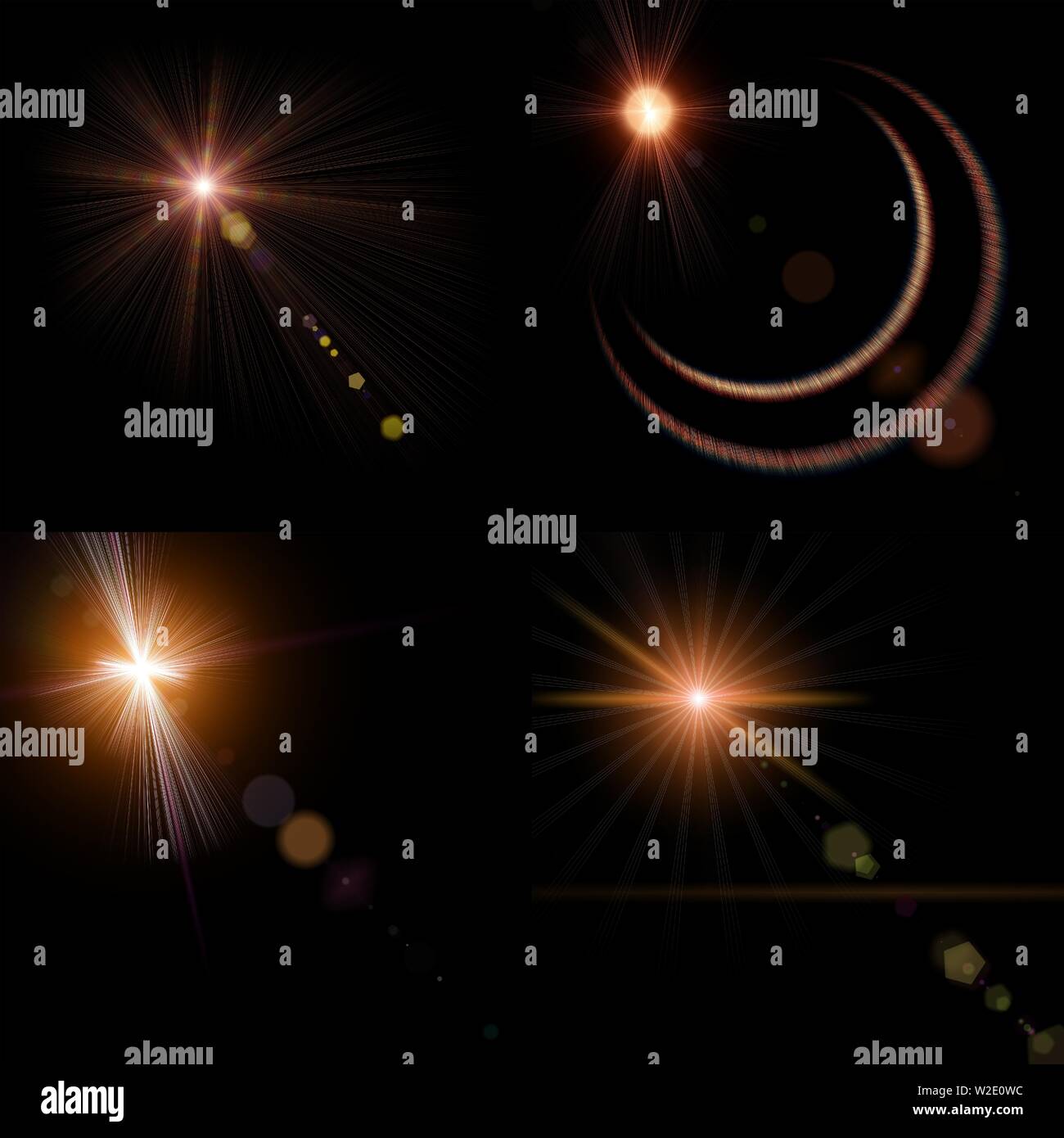 Stars, collage with four suns with lens flares and Rays Stock Photo - Alamy