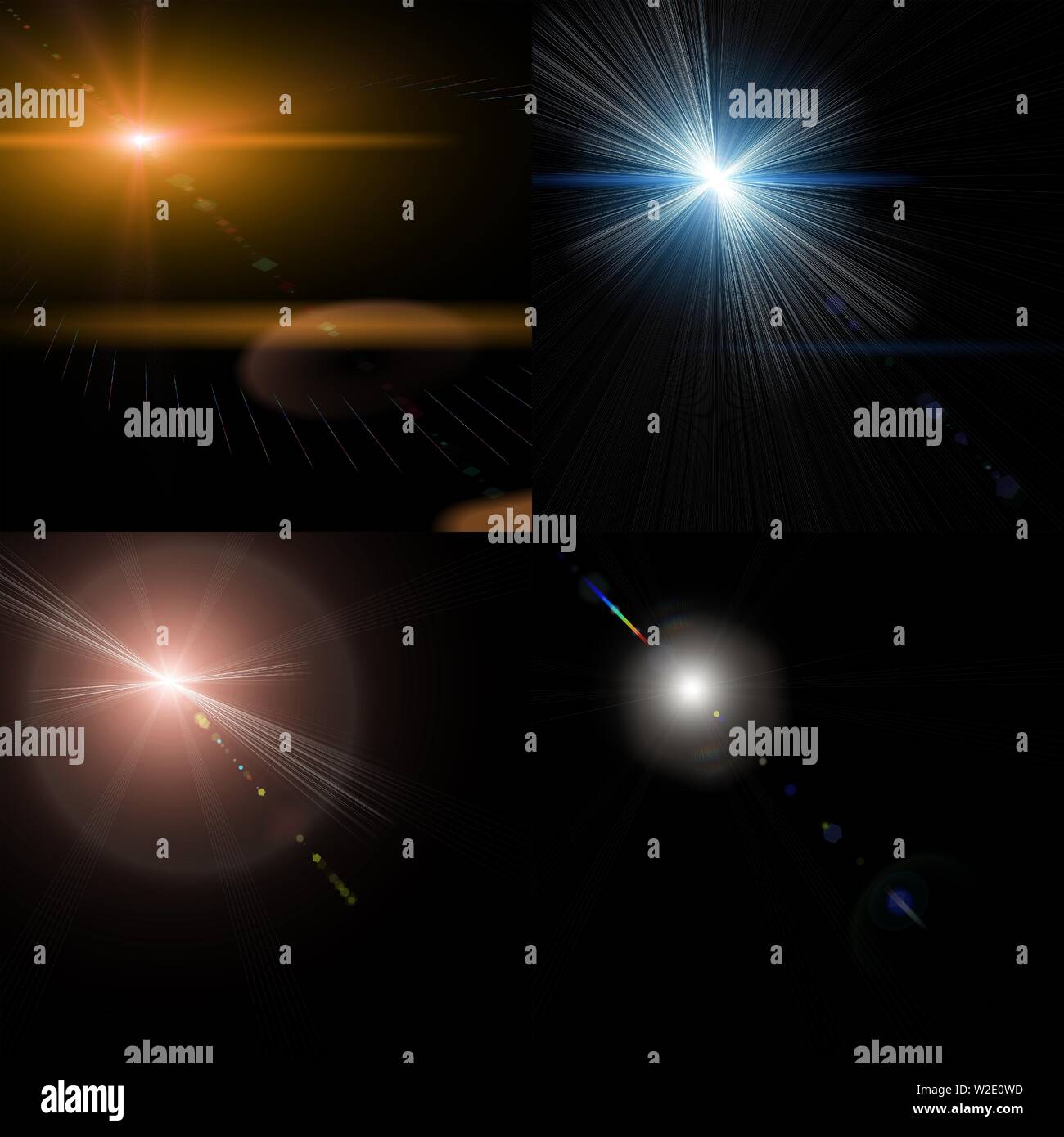Stars, collage with four suns with lens flares and Rays Stock Photo - Alamy