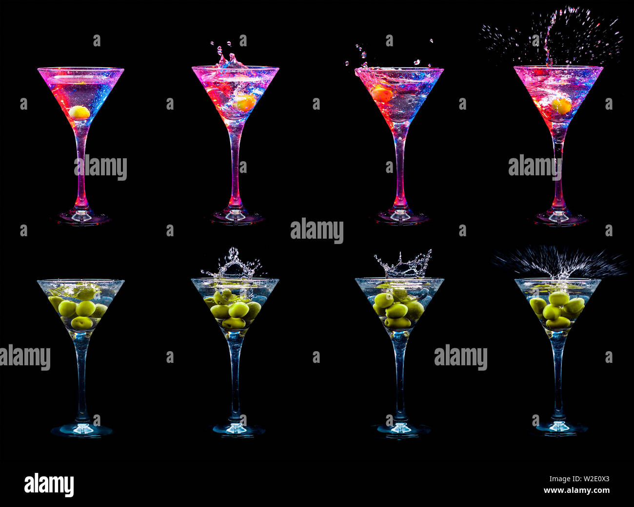 Colorful Bright fresh modern cocktails in glasses on black background ...