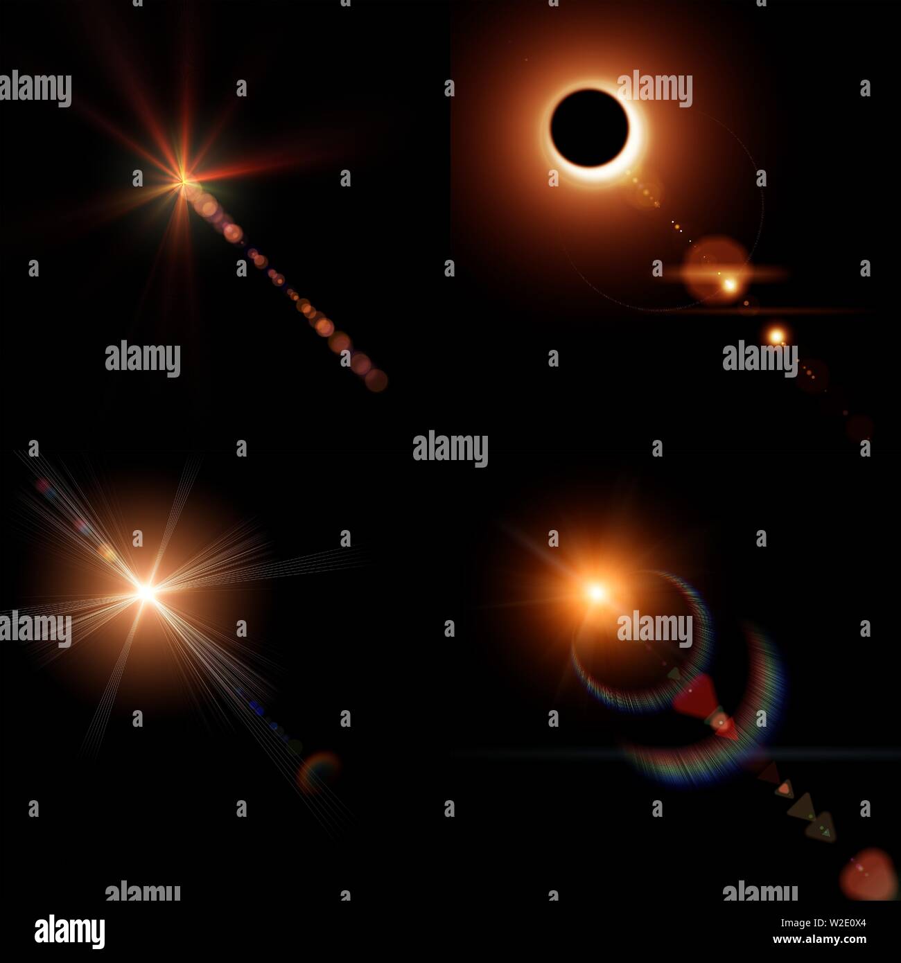 Stars, collage with four suns with lens flares and Rays Stock Photo - Alamy