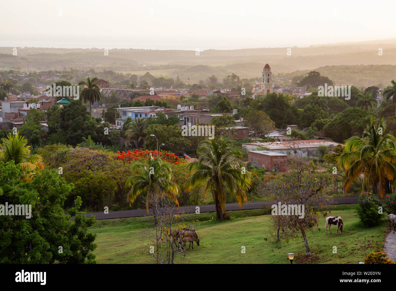 Aerial view of a small touristic Cuban Town during a colorful and ...