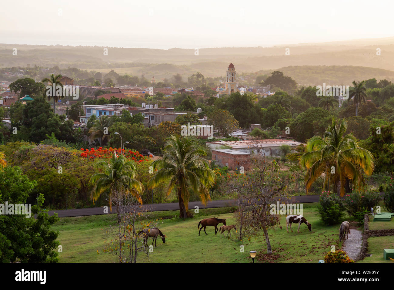 Aerial view of a small touristic Cuban Town during a colorful and ...
