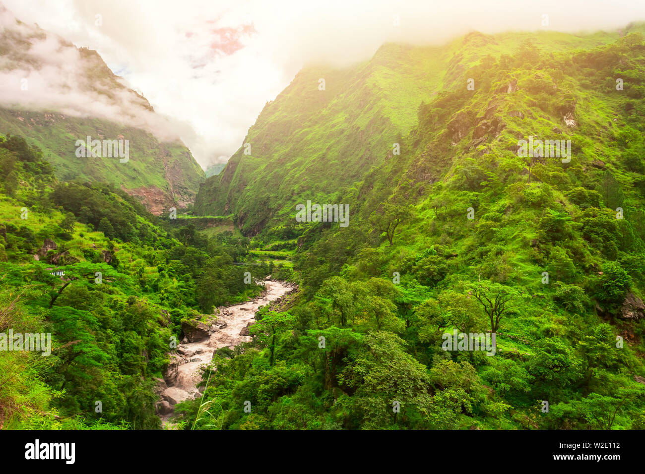 Beautiful river landscape and mountains in Nepal, Annapurna trekking ...