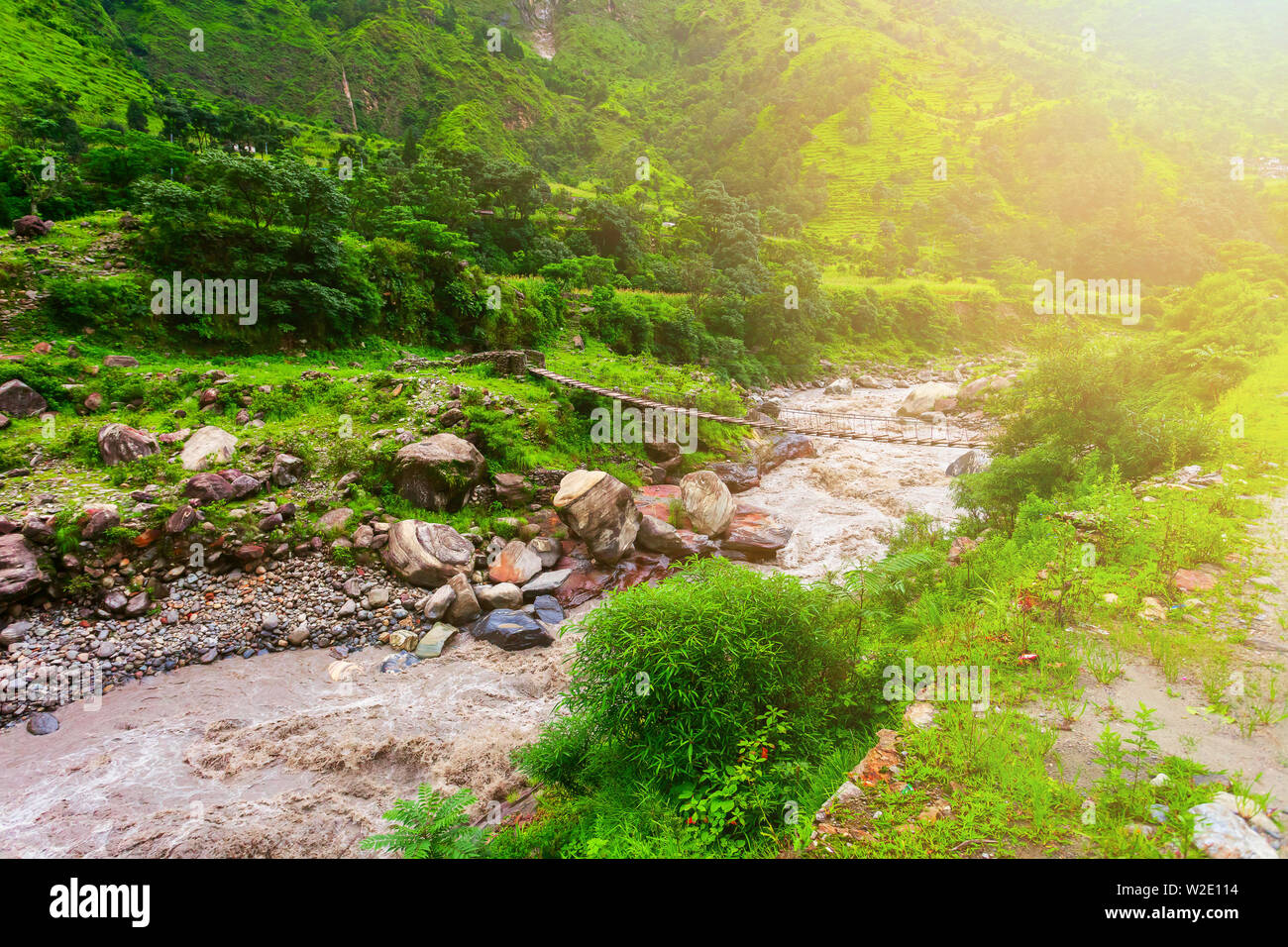 Beautiful river landscape and mountains in Nepal, Annapurna trekking ...