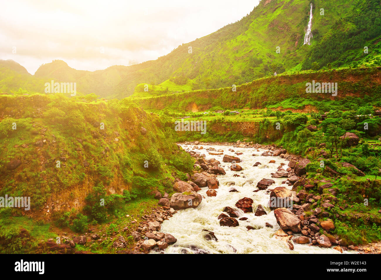 Beautiful river landscape and mountains in Nepal, Annapurna trekking ...