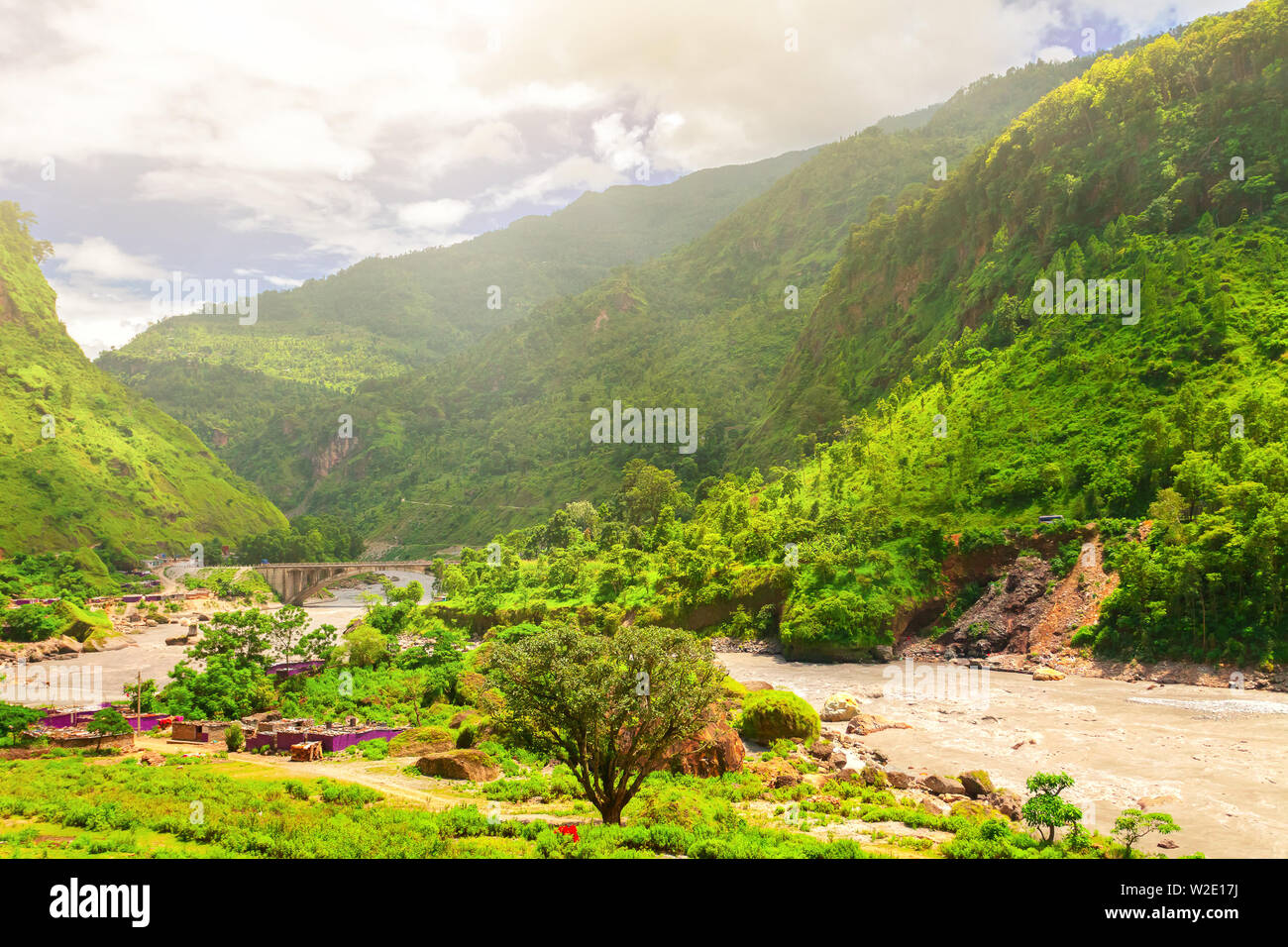 Beautiful river landscape and mountains in Nepal, Annapurna trekking ...