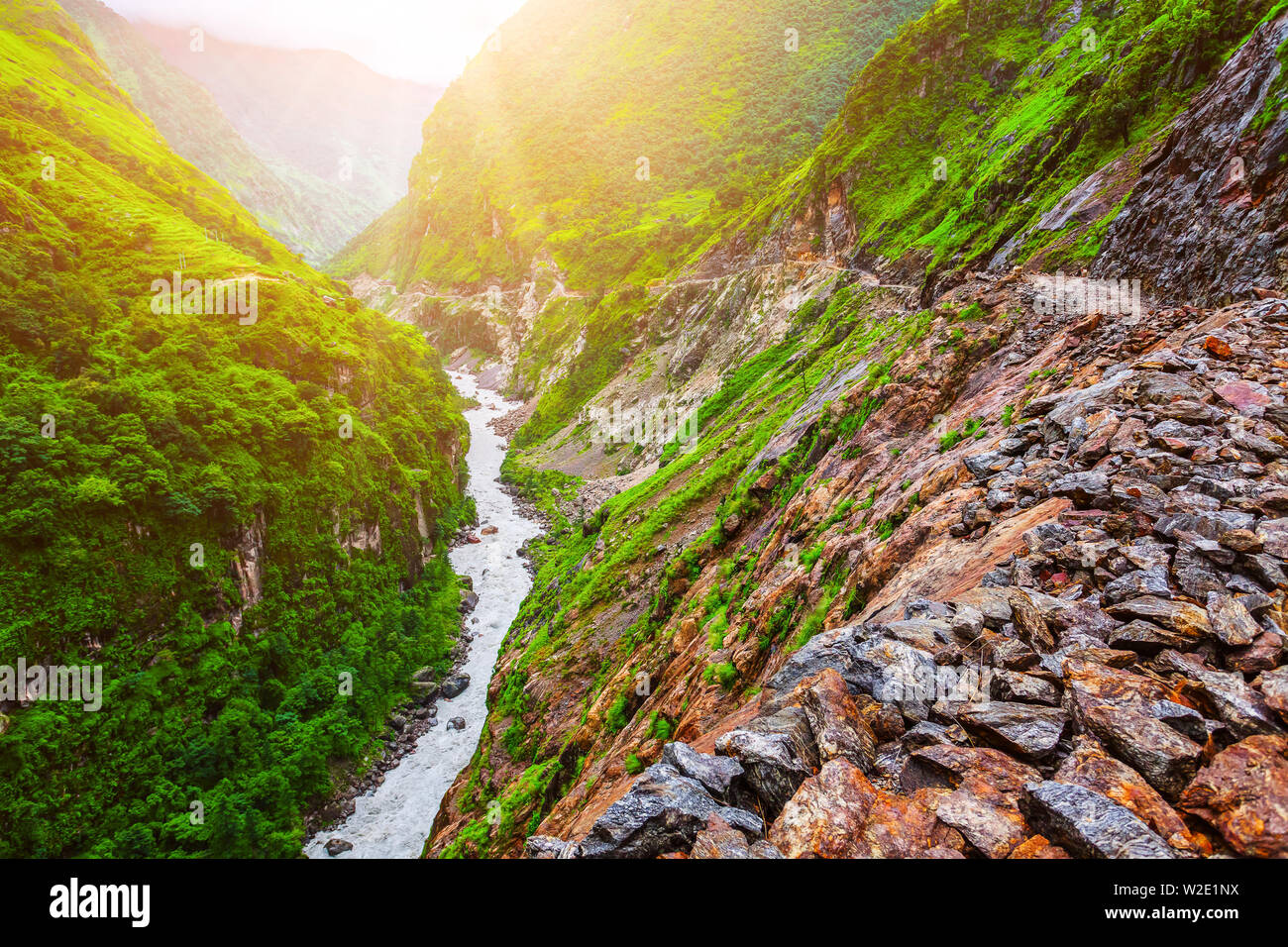 Beautiful mountain river landscape from stone footpath with rocks in ...