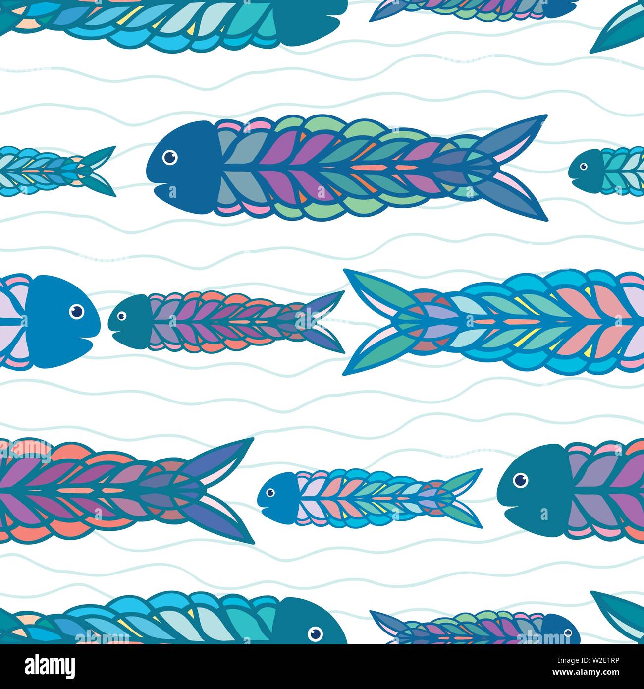 Hand drawn rows of multicolor fish in folk art style design. Seamless ...