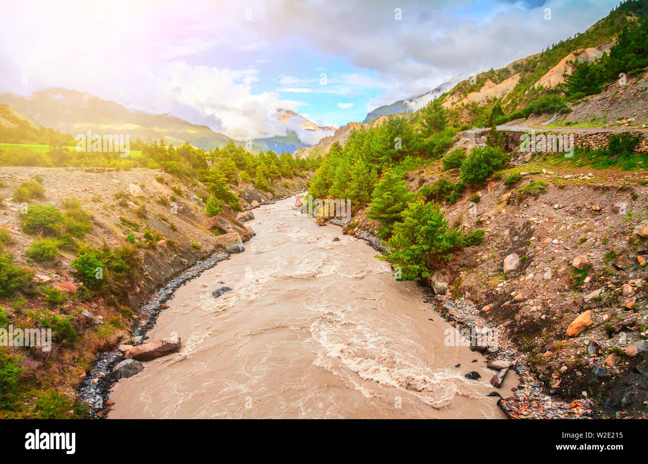Beautiful river landscape and mountains in Nepal, Annapurna trekking ...