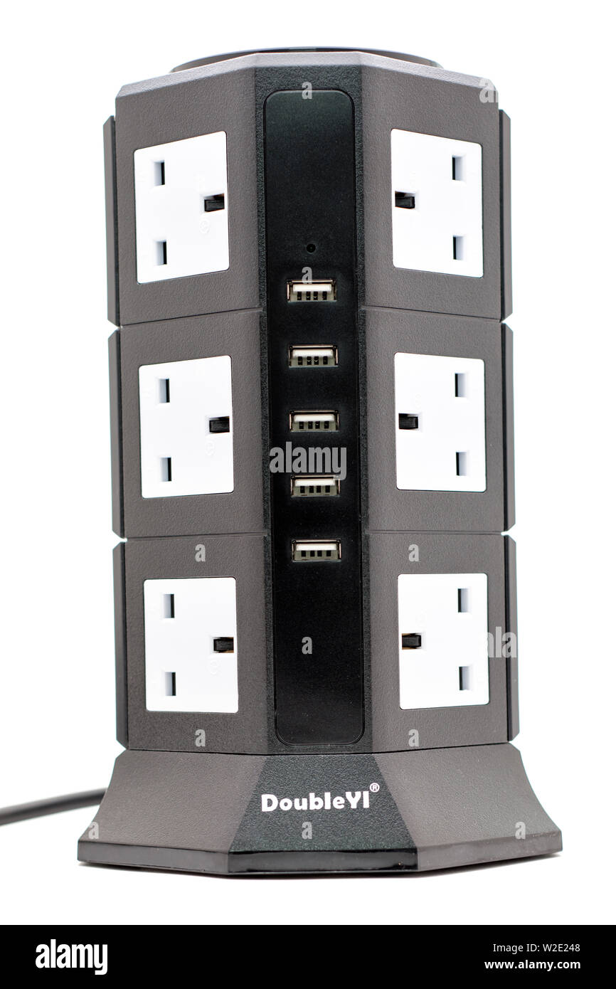 12 port mains three pin plug tower with 5 usb charging points Stock ...