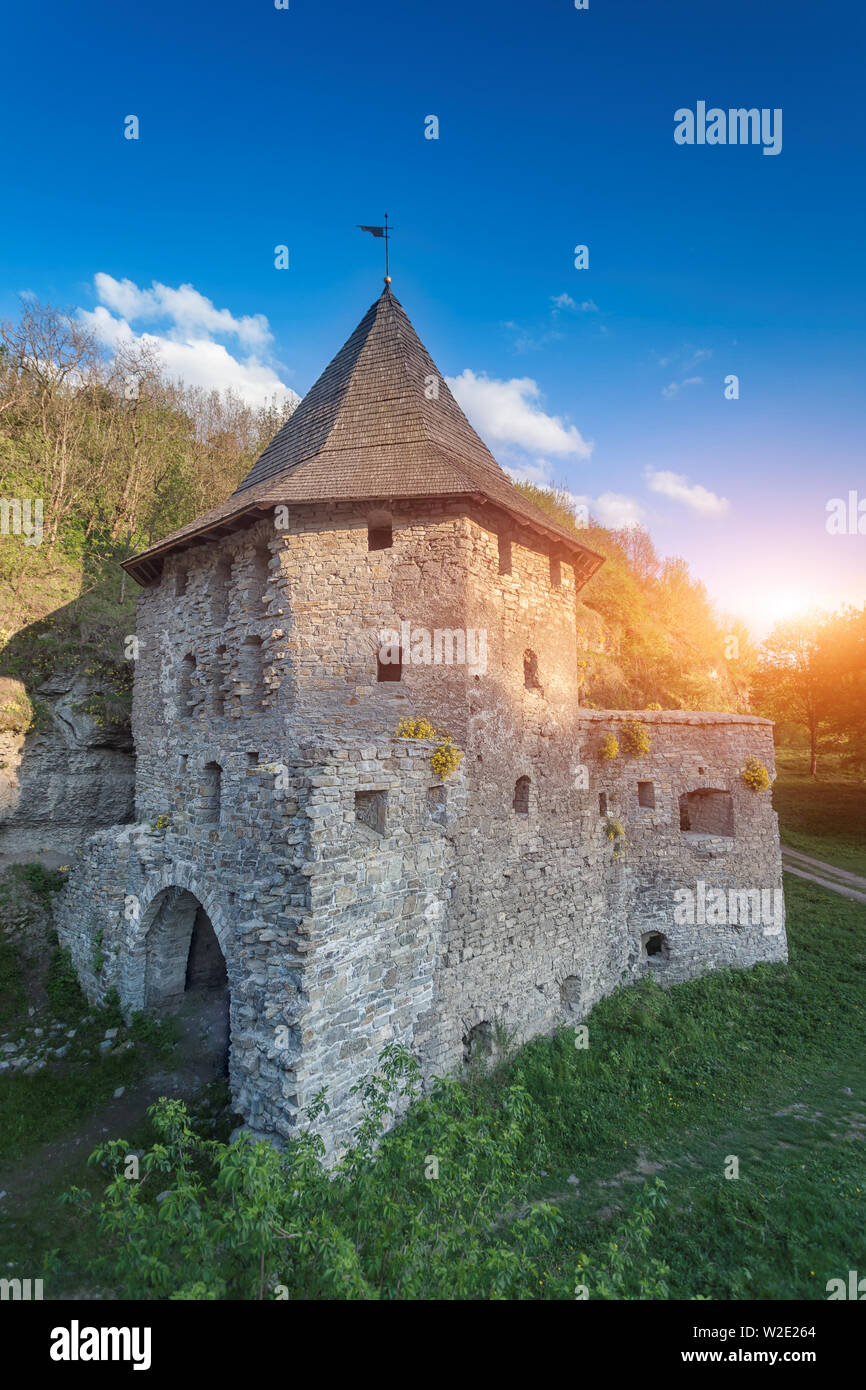 Ancient stone castle on hill with green trees and bushes Stock Photo ...