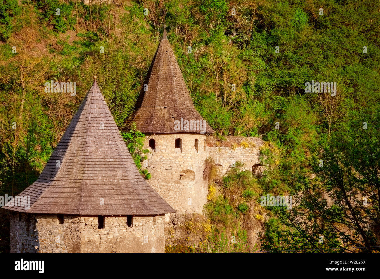 Ancient stone castle standing on hill with green trees and bushes Stock ...