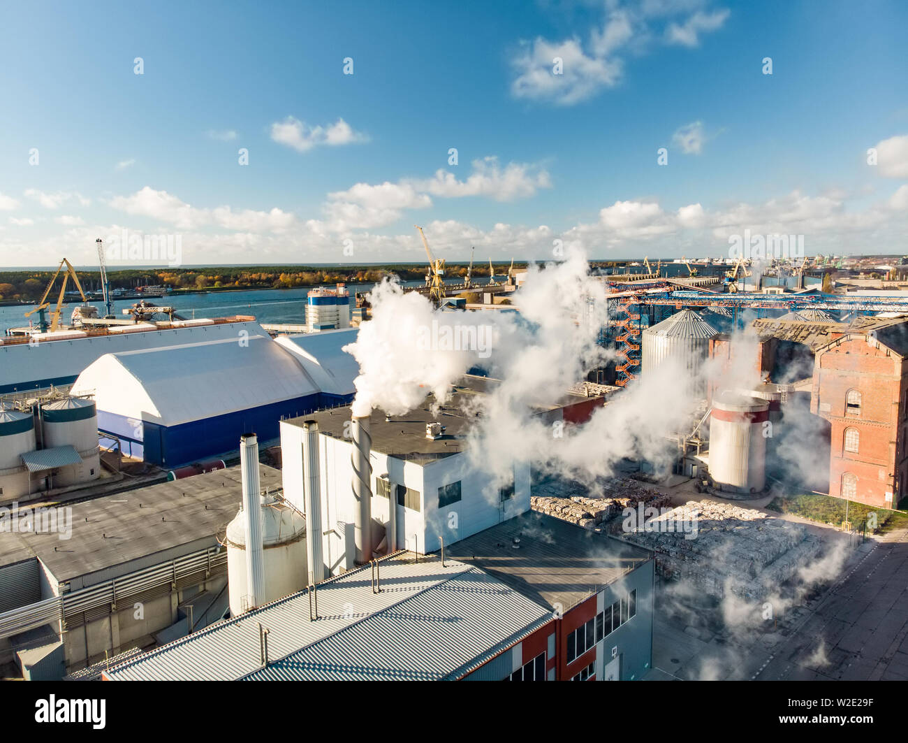 Aerial view of paper and wood industry company building complex during ...