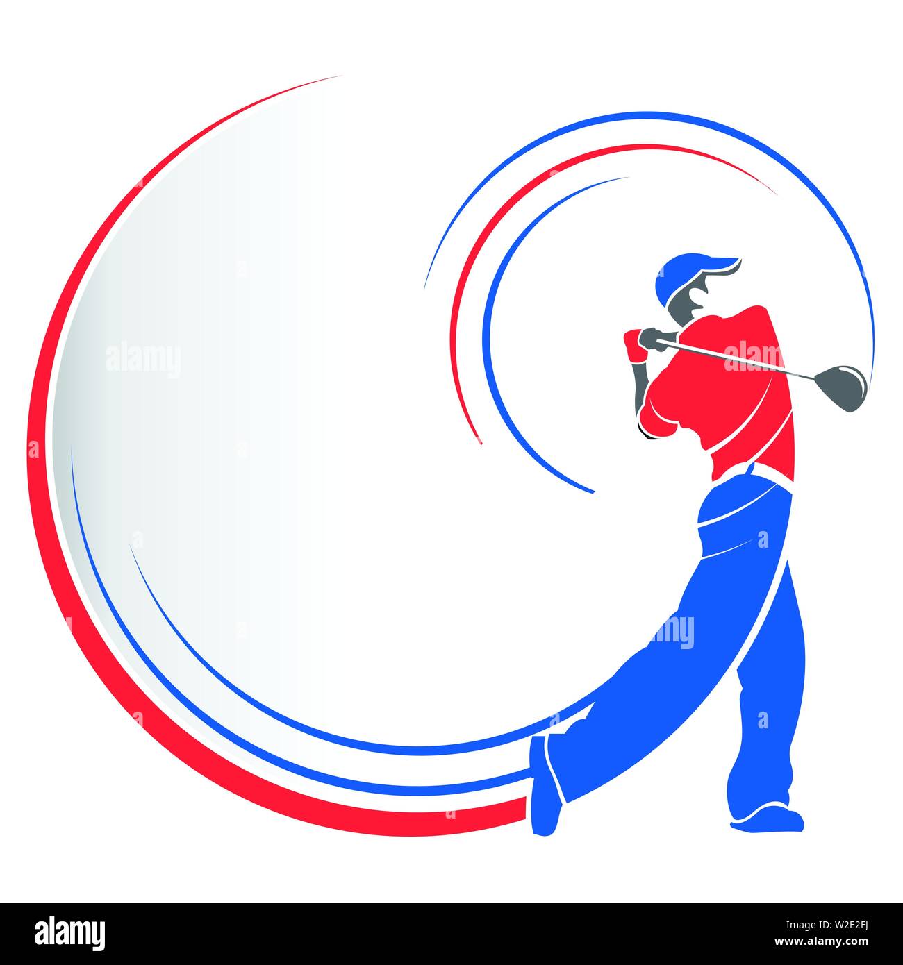 Abstract drawing of a red and blue man playing golf with lines ...