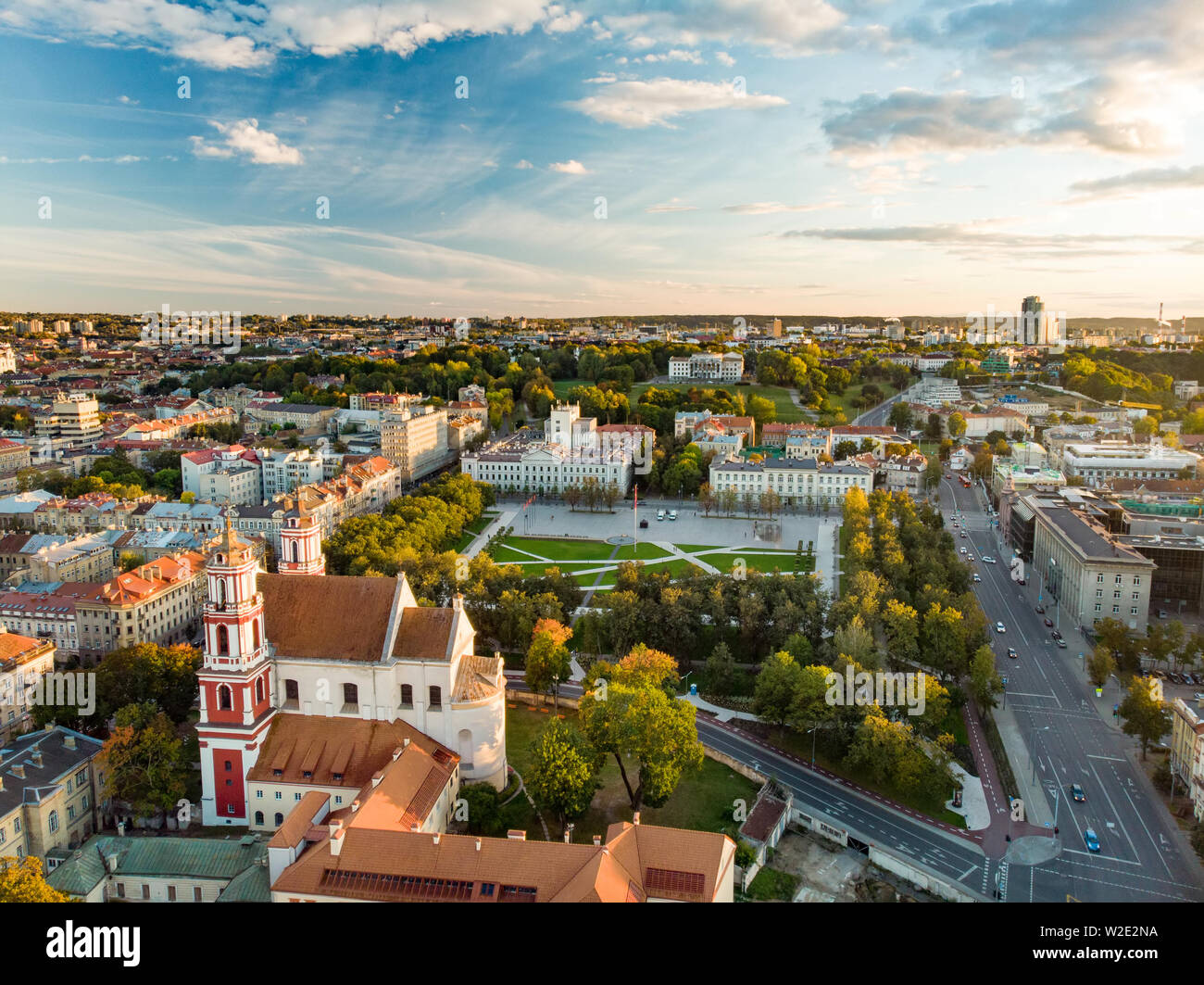 Aerial view of newly renovated Lukiskes square, Vilnius. Sunset ...