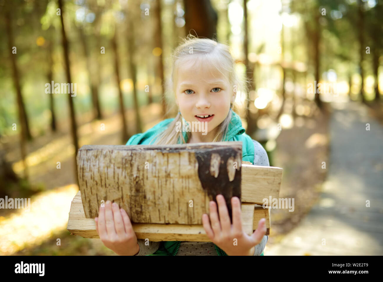 Adorable young girl carrying tree logs to a bonfire. Child having fun ...