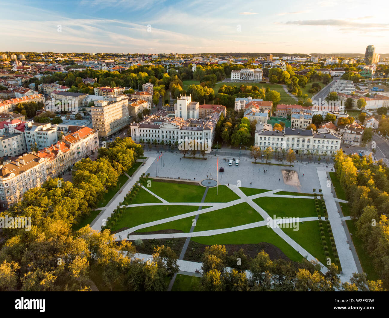Aerial view of newly renovated Lukiskes square, Vilnius. Sunset ...