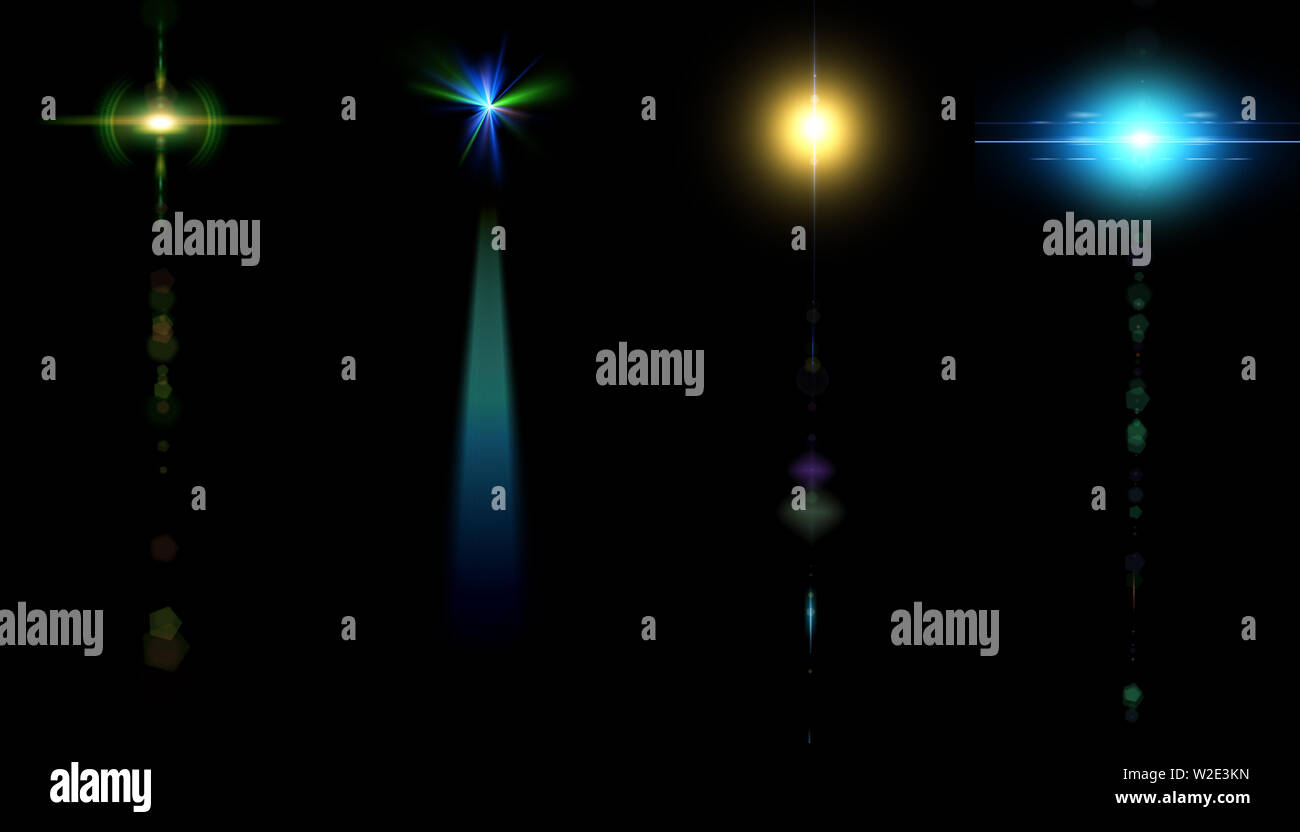 collage with colorful bright stars and Rays on black background Stock ...