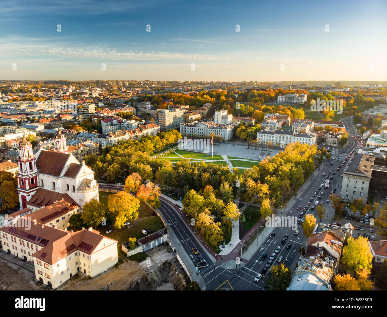 Aerial view of newly renovated Lukiskes square, Vilnius. Sunset ...
