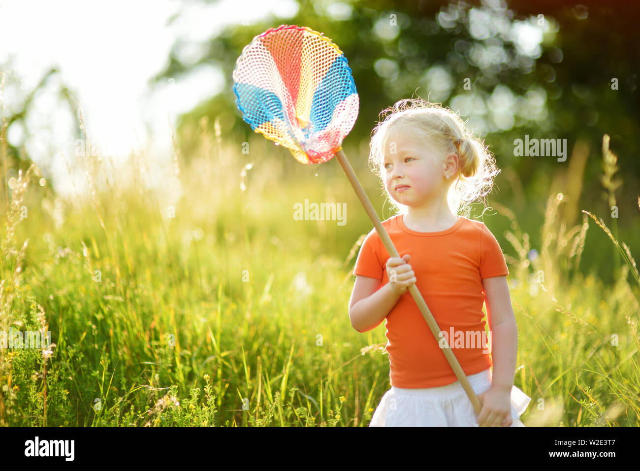 Adorable little girl catching butterflies and bugs with her scoop-net ...