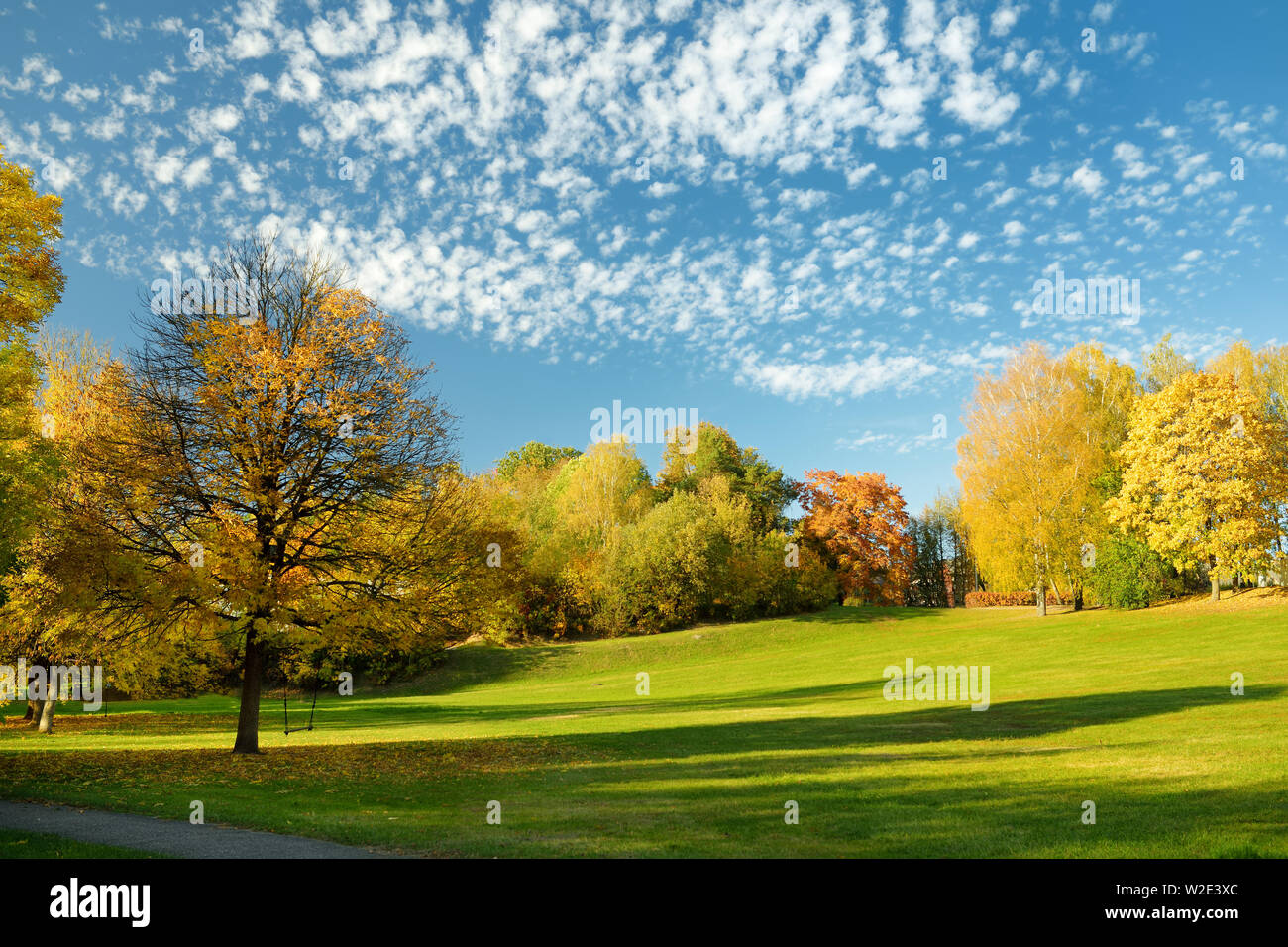 Colorful city park scene in the fall with orange and yellow foliage ...
