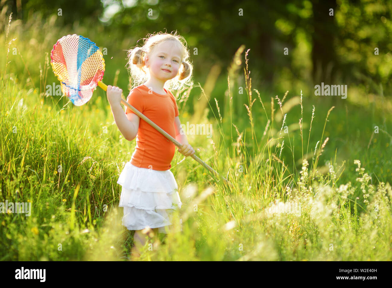 Adorable little girl catching butterflies and bugs with her scoop-net ...