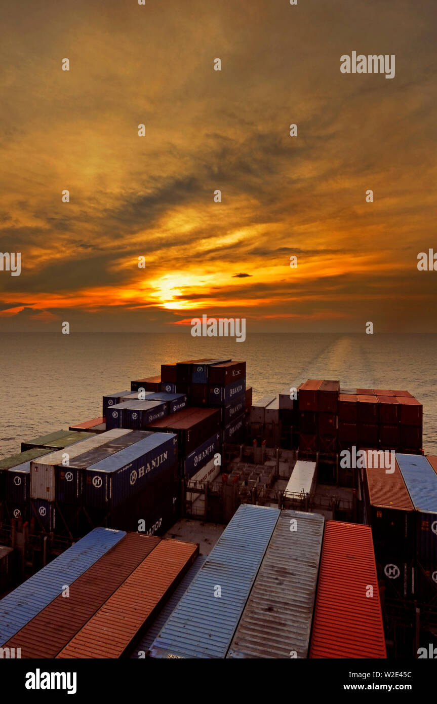 malacca strait, malaysia - april 19, 2008: view atern onto deck stowed ...