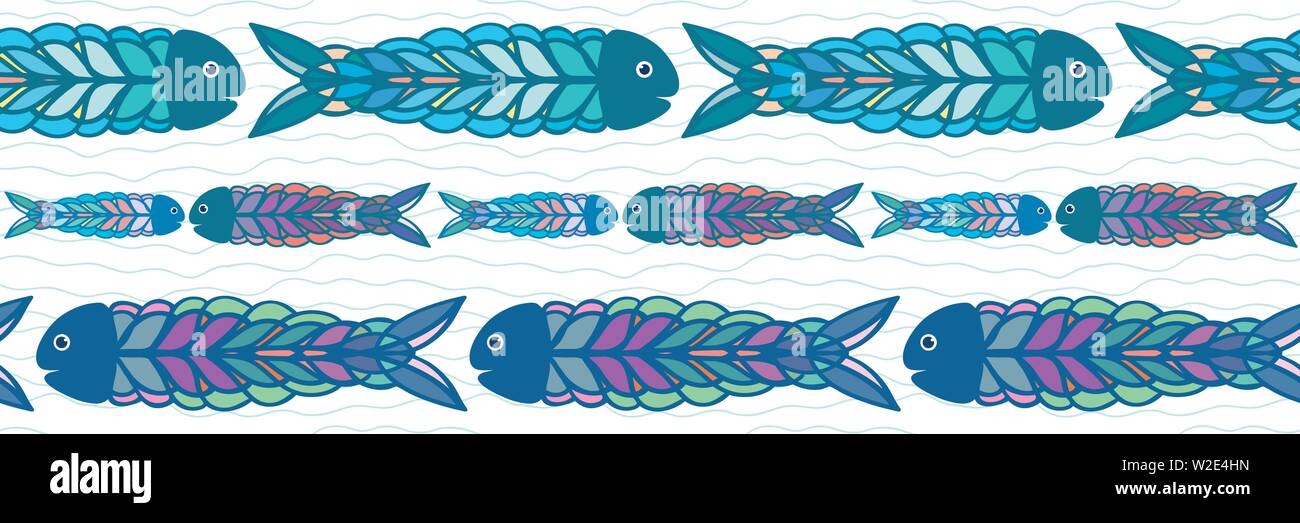 Hand drawn rows of multicolor fish in folk art style border design ...