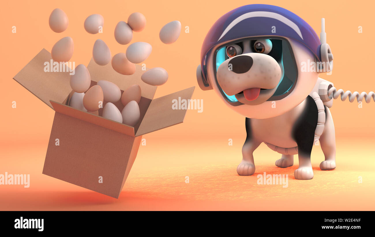 Eggs float from a box on the surface of Mars as space dog looks on, 3d ...