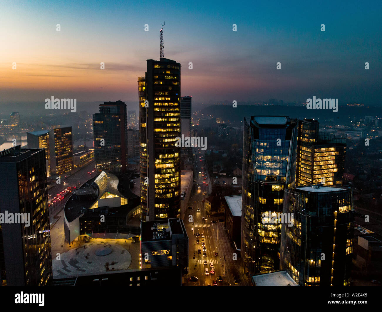 Beautiful aerial twilight view of Vilnius business district with scenic ...