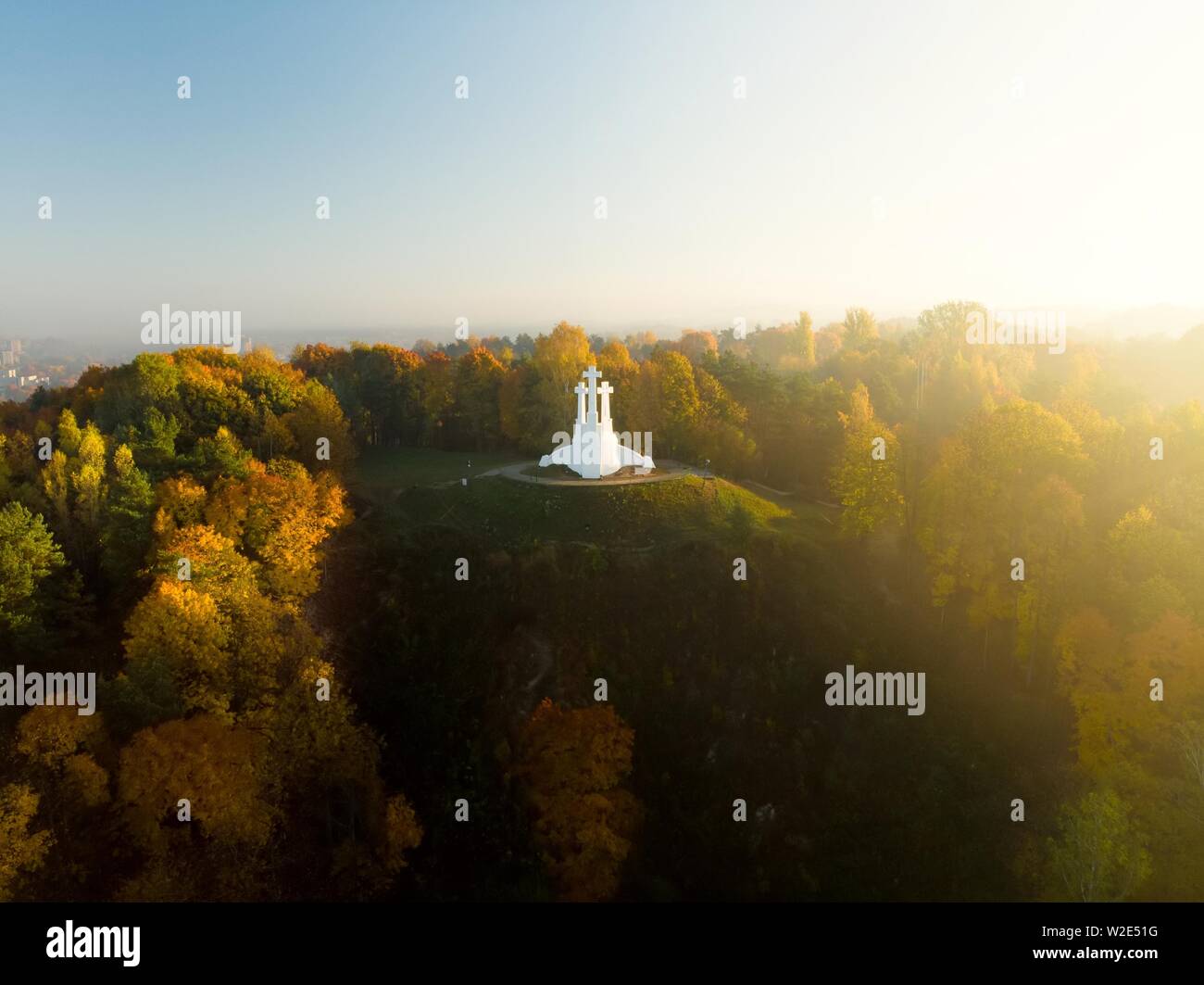 Aerial view of the Three Crosses monument overlooking Vilnius Old Town ...