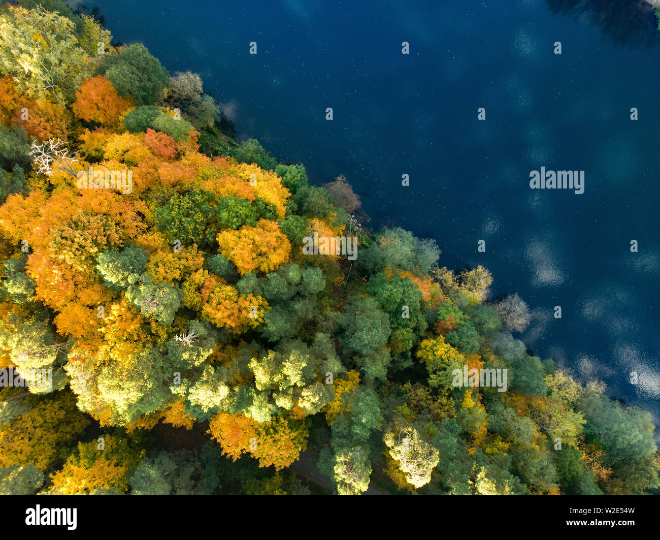 Birds eye view of autumn forest and a small lake. Aerial colorful ...