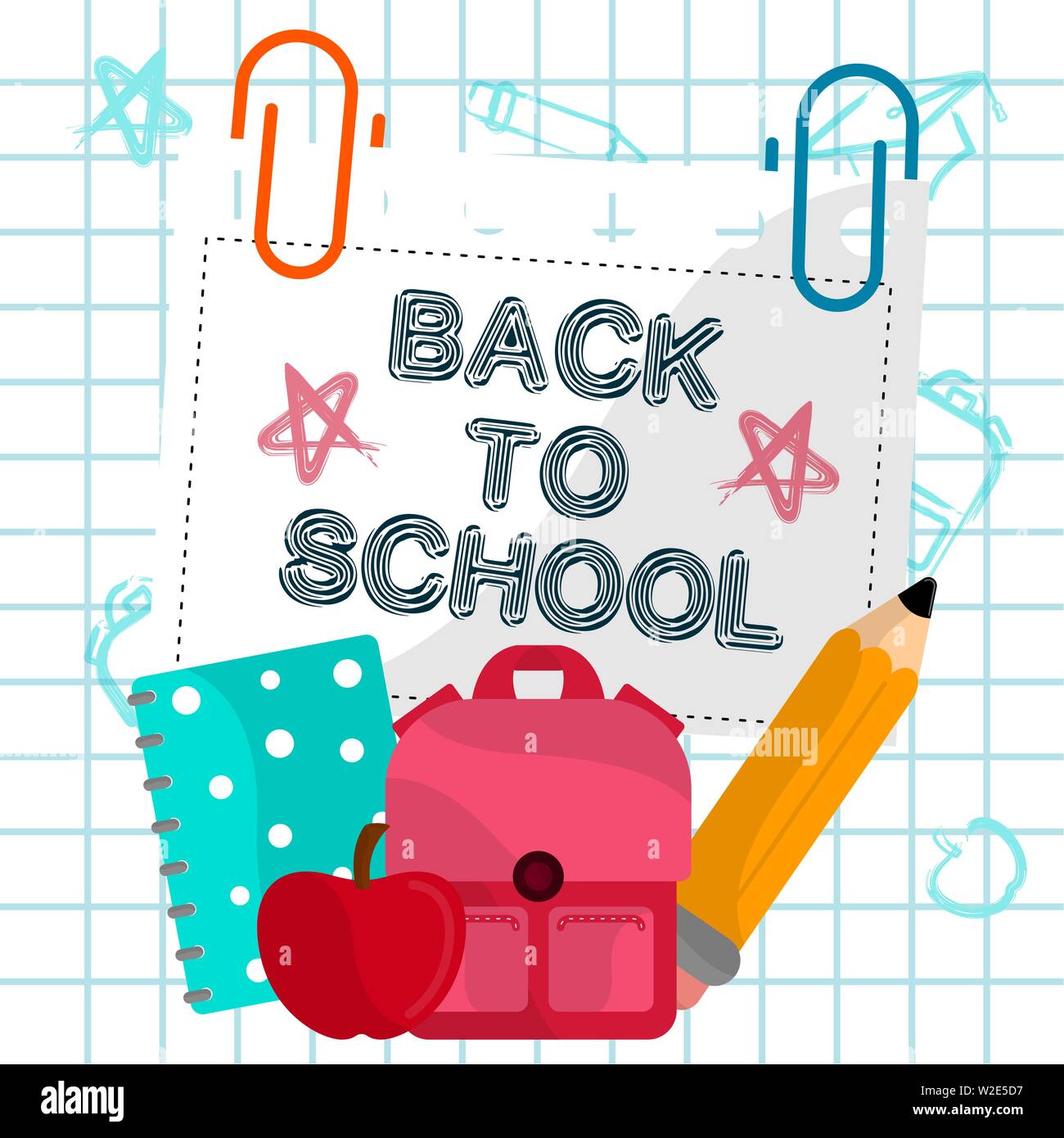 Back to school image with shool objects on a grid background - Vector ...