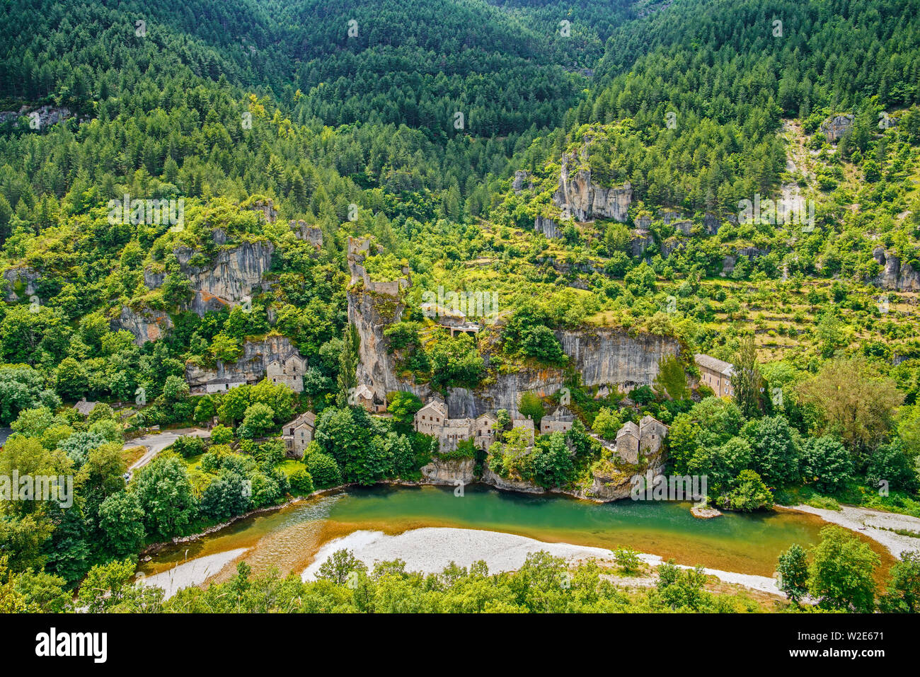 Chateau and abandoned village of Castelbouc by River Tarn, commune ...