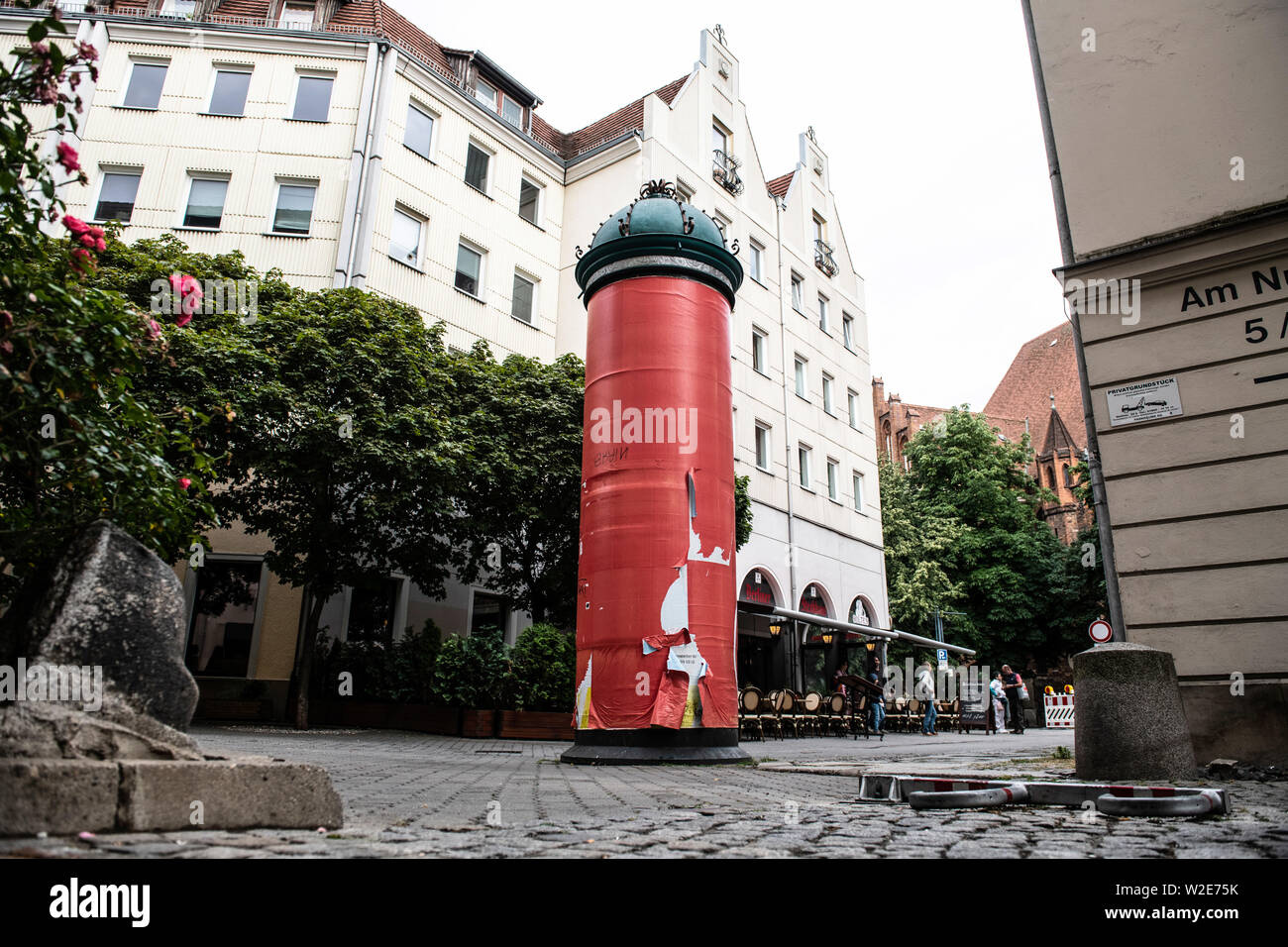 Berlin, Germany. 08th July, 2019. The advertising pillar in the Nikolai ...