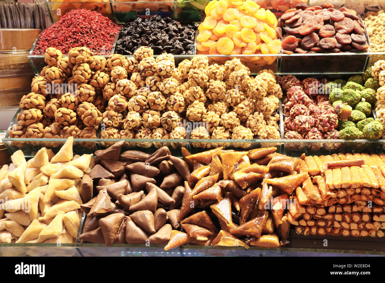 Traditional turkish delights from nuts, sugar, syrup and dried fruits ...