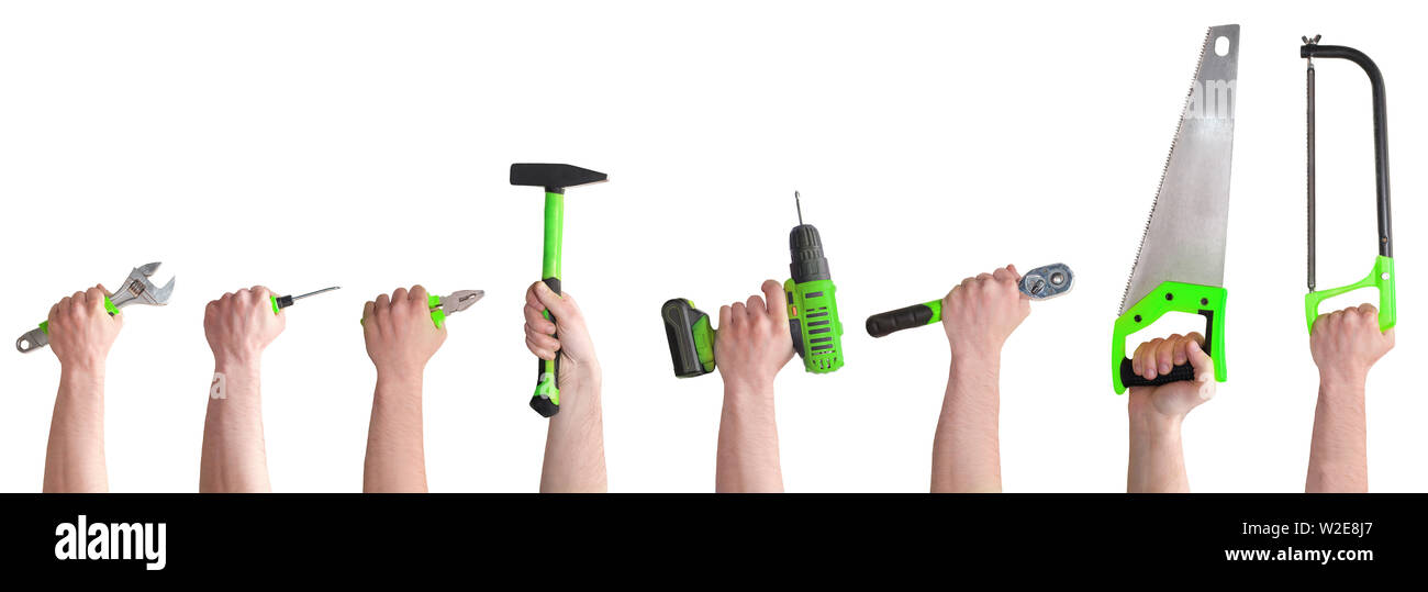 Hands with different tools isolated on white background Stock Photo - Alamy