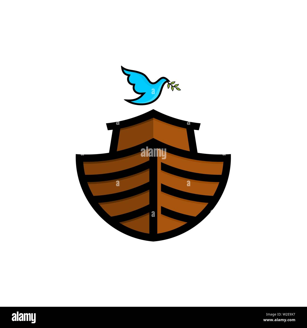 Logo of Noah's Ark. Dove with a branch of olive. Ship to rescue animals ...