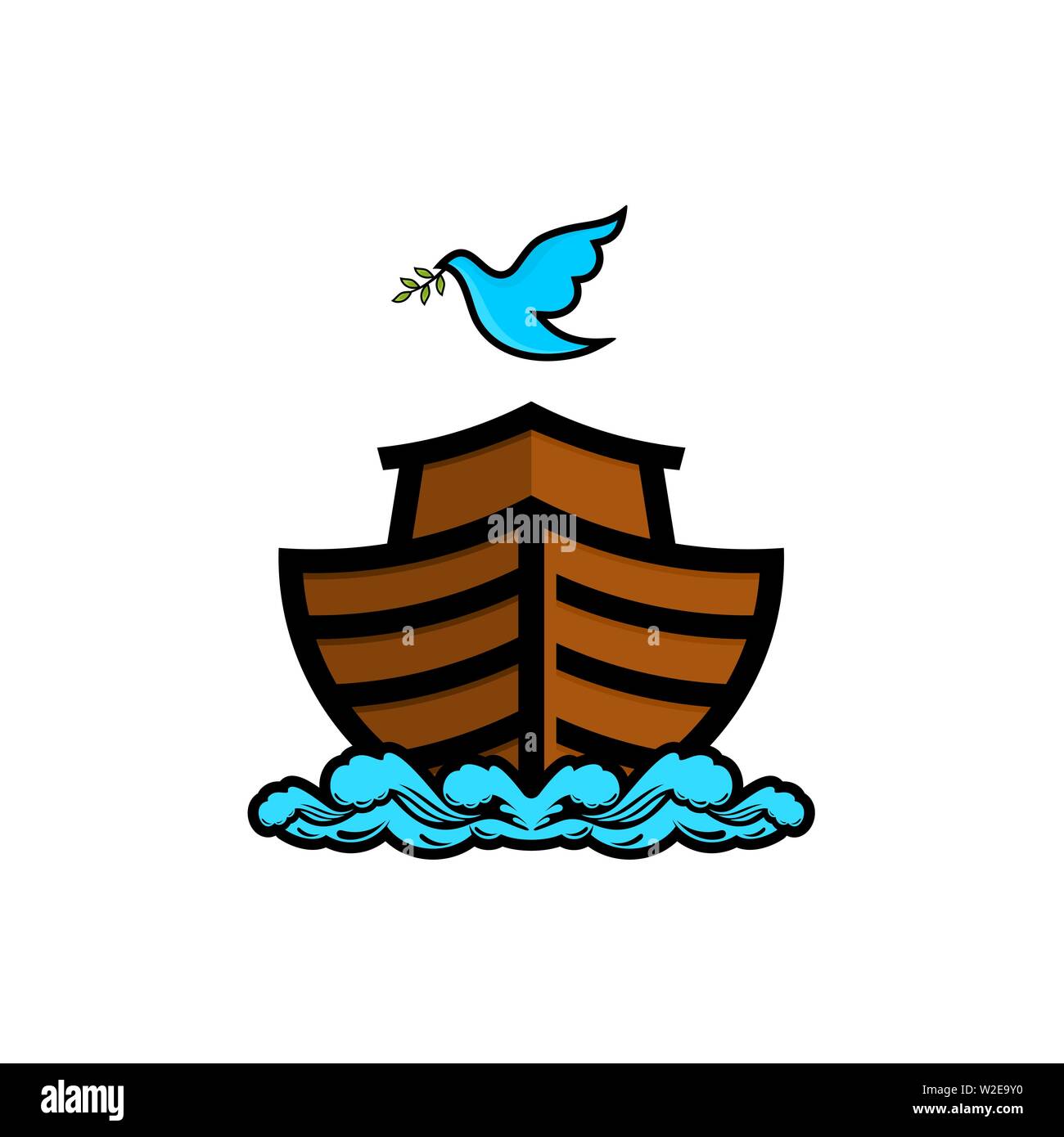 Logo of Noah's Ark. Dove with a branch of olive. Ship to rescue animals ...