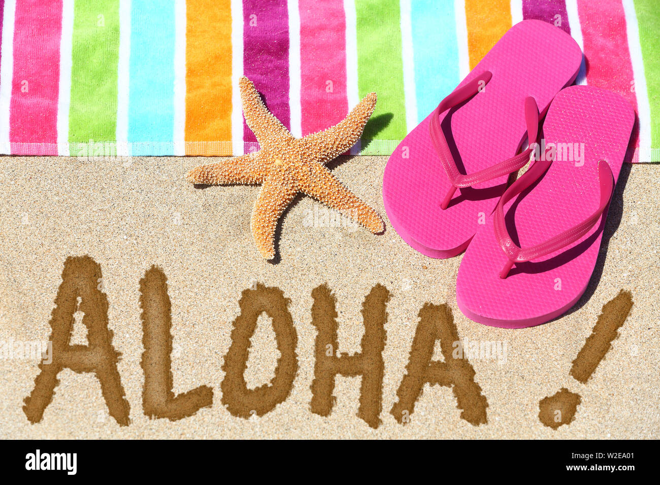 Hawaii beach travel concept. ALOHA text written in sand with water next ...